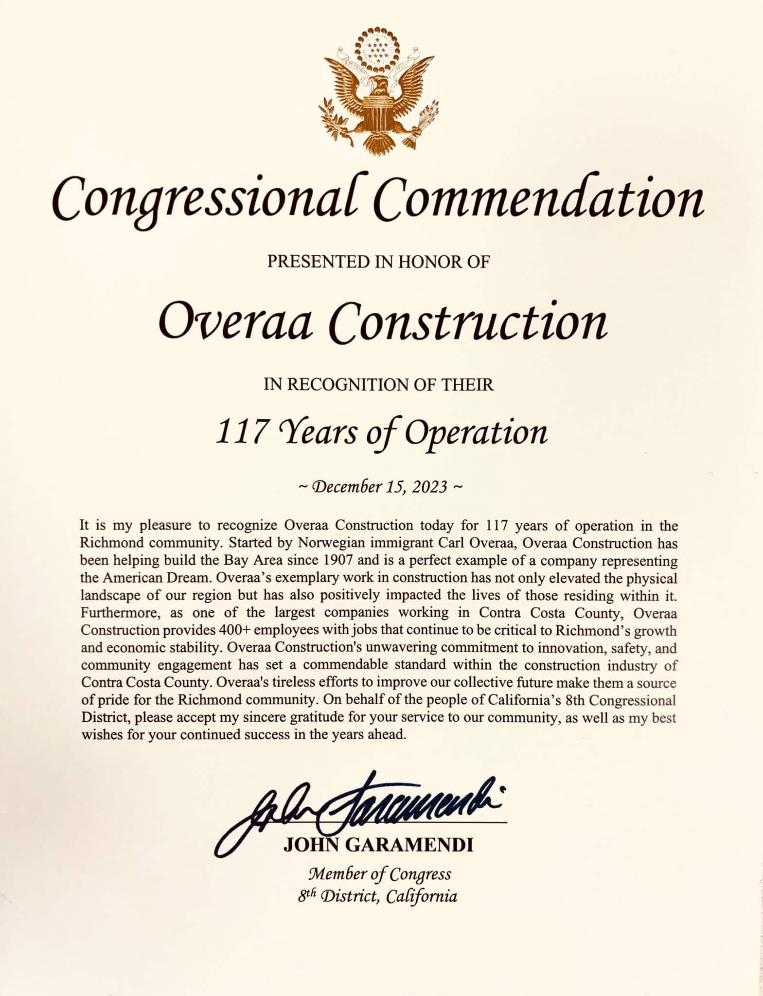 Overaa receives Congressional Commendation - Overaa Construction